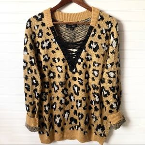 Love Tree | Sweaters | Boutique Leopard Sweater Lace Up Tan | Poshmark